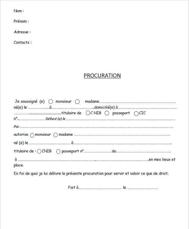 PROCURATION – Consulat Général du Burkina Faso à Paris